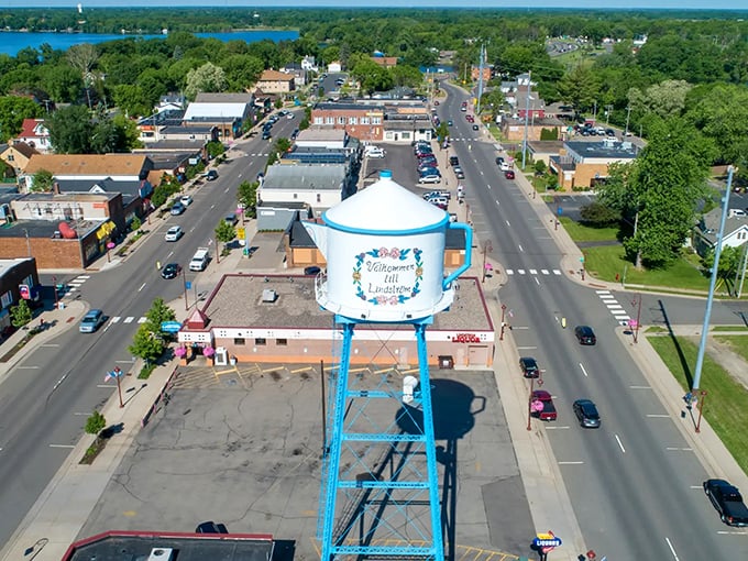 Lindstrom's colorful water tower rises above tree-lined streets like a cheerful beacon celebrating the town's Scandinavian roots with genuine pride.