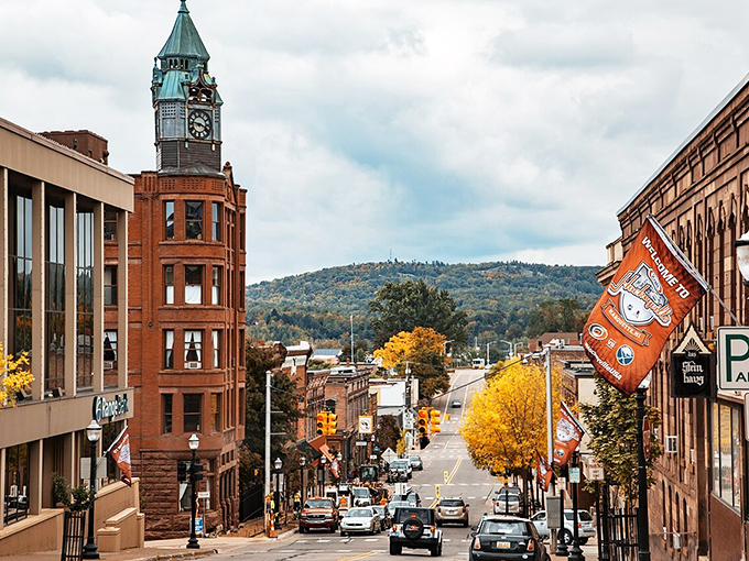 This historic clock tower presides over Marquette's main street, where autumn colors frame restaurants serving budget-friendly comfort food.