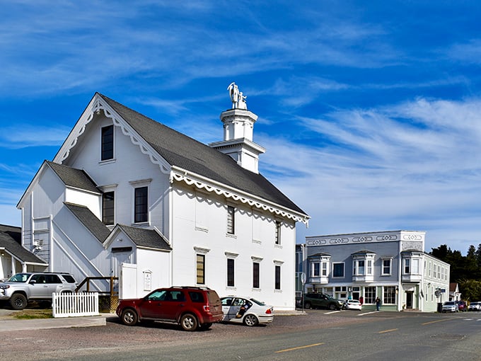 Mendocino&rsquo;s iconic white steeple still watches over the town, guiding visitors much like it once guided ships along the rugged northern coast.
