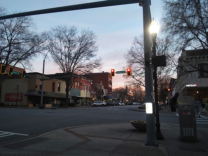 Evening settles over Milledgeville's main street, where affordable living doesn't end when the sun goes down.