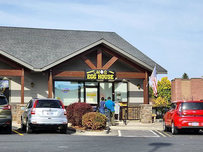 The classic peaked entrance of Mo's Egg House &ndash; gateway to Central Oregon's fluffy pancake wonderland.