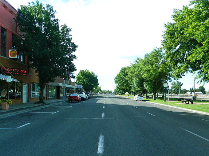 American flags flutter over Mountain Home's main street, where patriotism meets practicality in housing costs.