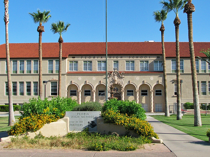 Peoria High School welcomes Panthers with architectural elegance. That entrance has launched thousands of teenage dreams since 1922!