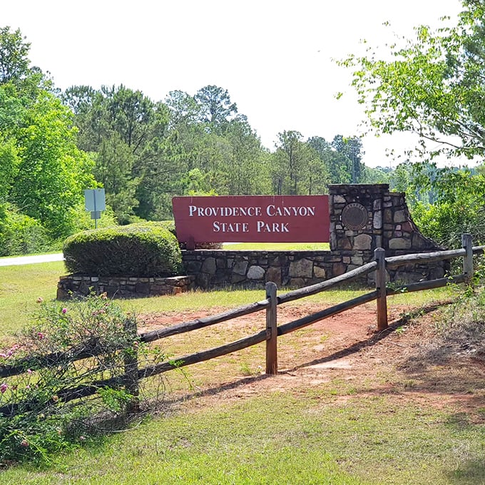 The entrance sign only hints at the wonder within Providence Canyon, where poor farming created a breathtaking geological marvel.