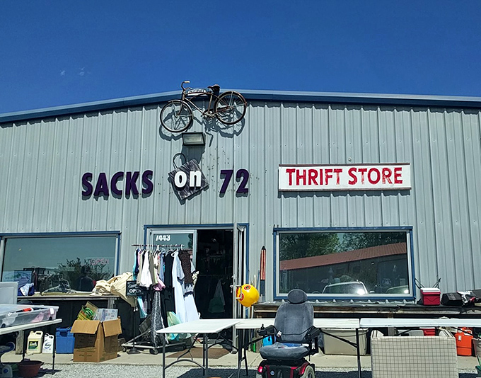 Roadside attraction meets thrift satisfaction. Sacks on 72's distinctive bicycle sign signals a different kind of treasure hunt awaits.