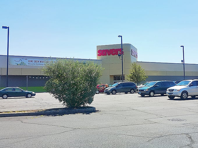 That sprawling parking lot and busy entrance prove this Savers location draws dedicated bargain hunters from miles around.