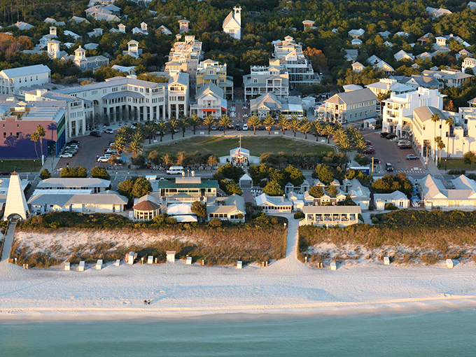 From above, Seaside reveals its thoughtful design, with the town center opening to white sand beaches along the emerald waters of the Gulf.