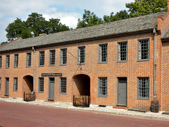 Historic brick buildings in St. Charles house shops and restaurants. Gas lamps illuminate evening strolls along streets that have witnessed centuries of Missouri history.
