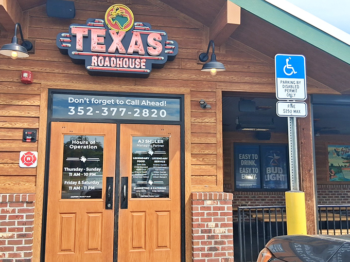 The rustic charm of Texas Roadhouse's entrance is just a preview of the down-home steak experience waiting inside.