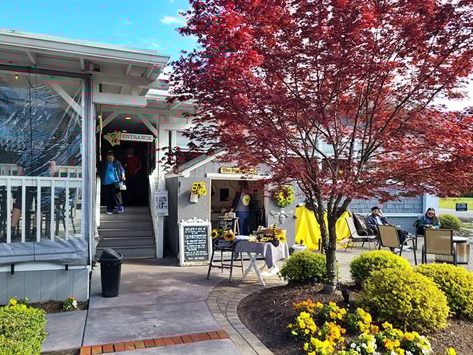 That stunning red maple adds natural beauty to an already picture-perfect breakfast destination.