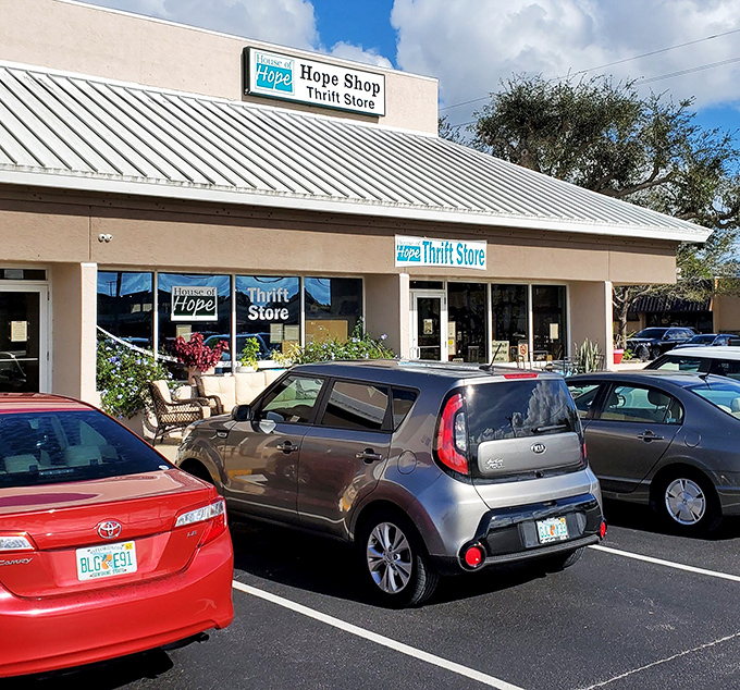 Florida sunshine bounces off Hope Shop's welcoming facade, where thrifting becomes an act of community support.