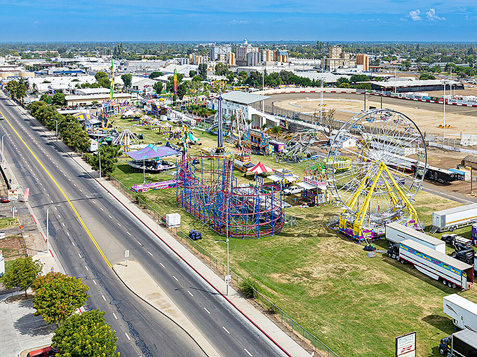 Looking down on Tulare reveals a classic Central Valley town layout, with neighborhoods radiating outward from the compact downtown core.