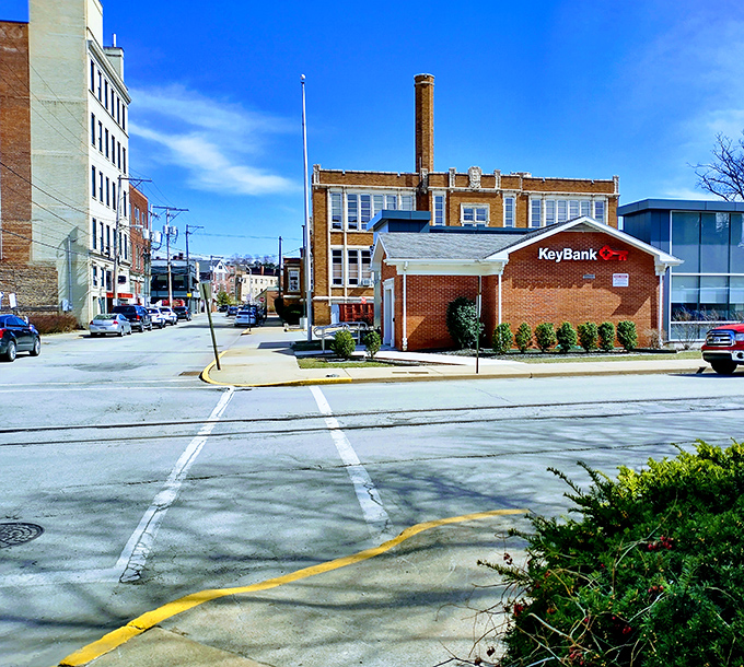 Uniontown's downtown area features a mix of historic buildings and modern amenities like KeyBank, offering retirees convenient services in this affordable community.