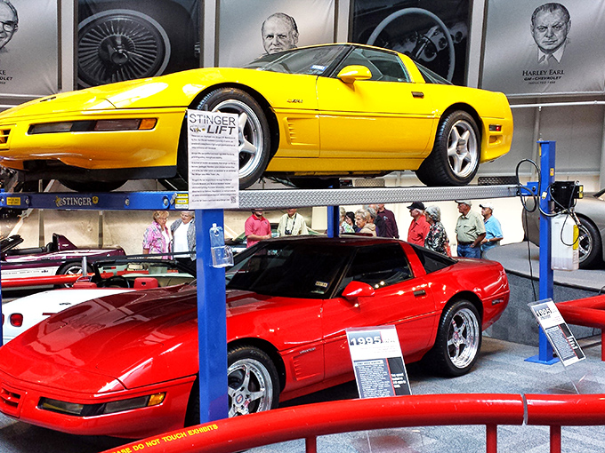 A yellow C4 ZR-1 hovers above a red C4, showcasing the 1990s Corvette evolution. The automotive equivalent of neon windbreakers and power shoulders.