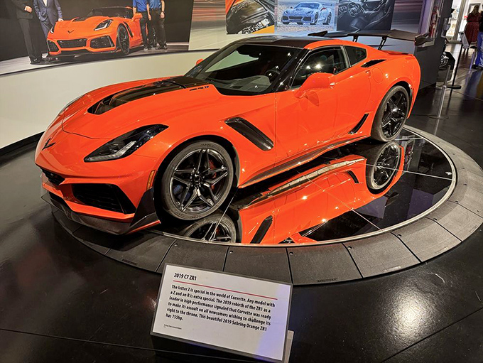The ZR1's aggressive orange stance on its rotating display is automotive theater&mdash;a 755-horsepower reminder that Corvette's glory days aren't just in the past.