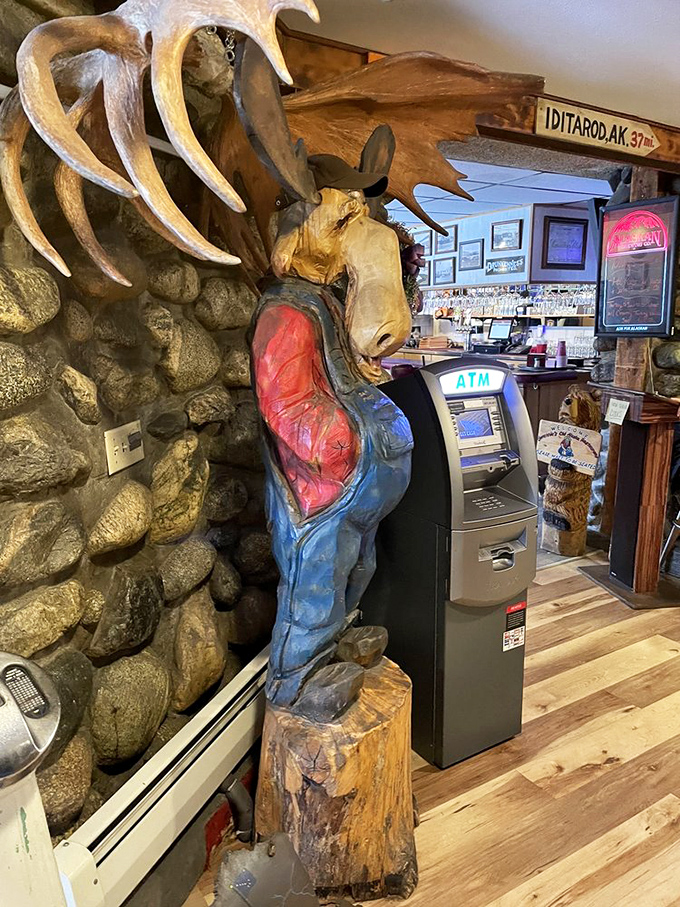 Even the ATM gets the Alaskan treatment, guarded by a moose sculpture that's seen more breakfast rushes than most humans.