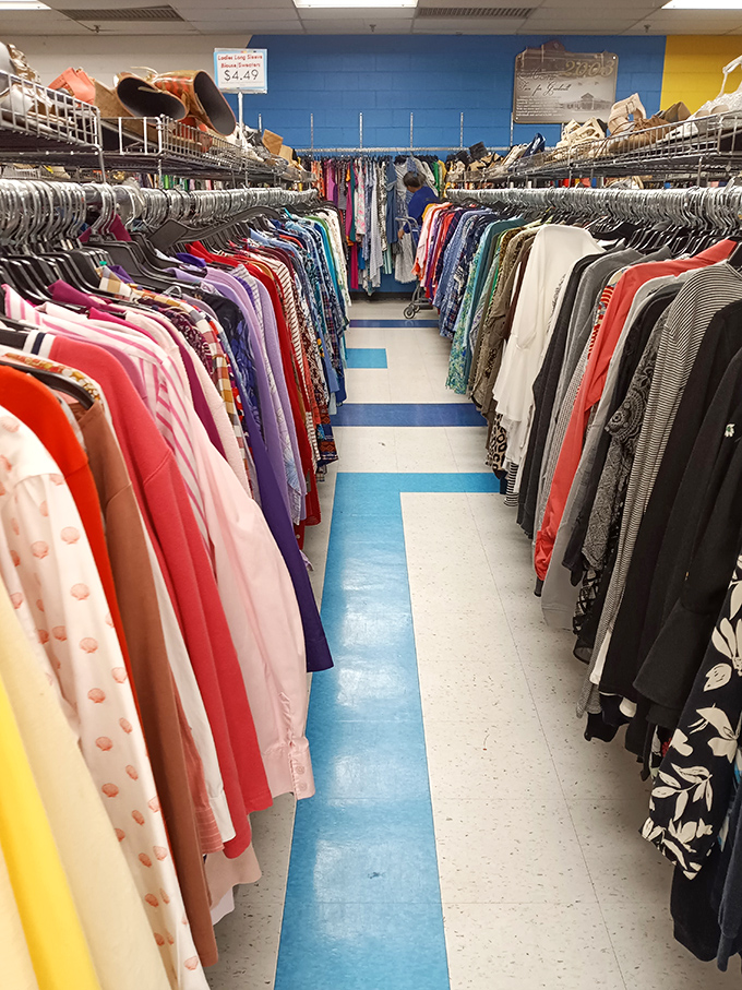 Color-coordinated aisles make finding your perfect outfit easier than parallel parking a shopping cart would be.