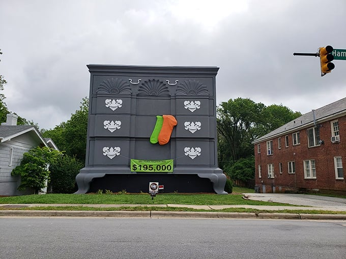 Even in gray weather, the chest of drawers stands out with its distinctive silhouette and colorful sock. Some days it sports different colors, keeping things fresh for repeat visitors.