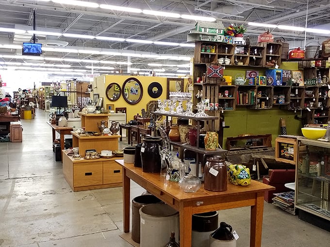 Every corner reveals new possibilities, with vintage pottery, glassware, and furniture arranged in vignettes that spark the imagination.