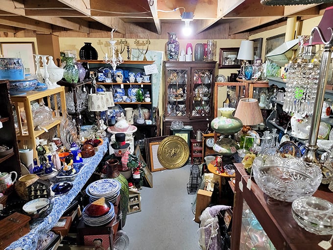 Crystal kingdom! This booth sparkles with enough vintage glassware to make your grandmother swoon and your cabinet space surrender immediately.