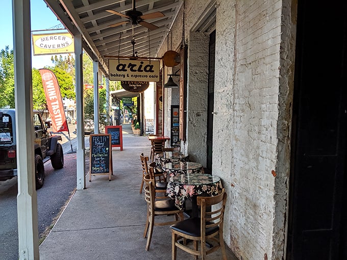 Aria Bakery's sidewalk seating invites you to linger over coffee and pastries while watching the town's gentle parade of locals and visitors.