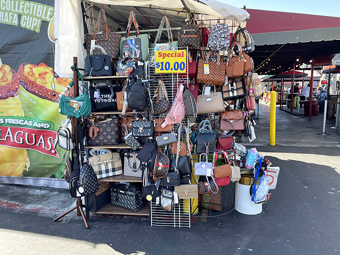 Handbag heaven at budget-friendly prices. Designer-inspired purses hang like ripe fruit, waiting for their new owners to pluck them.