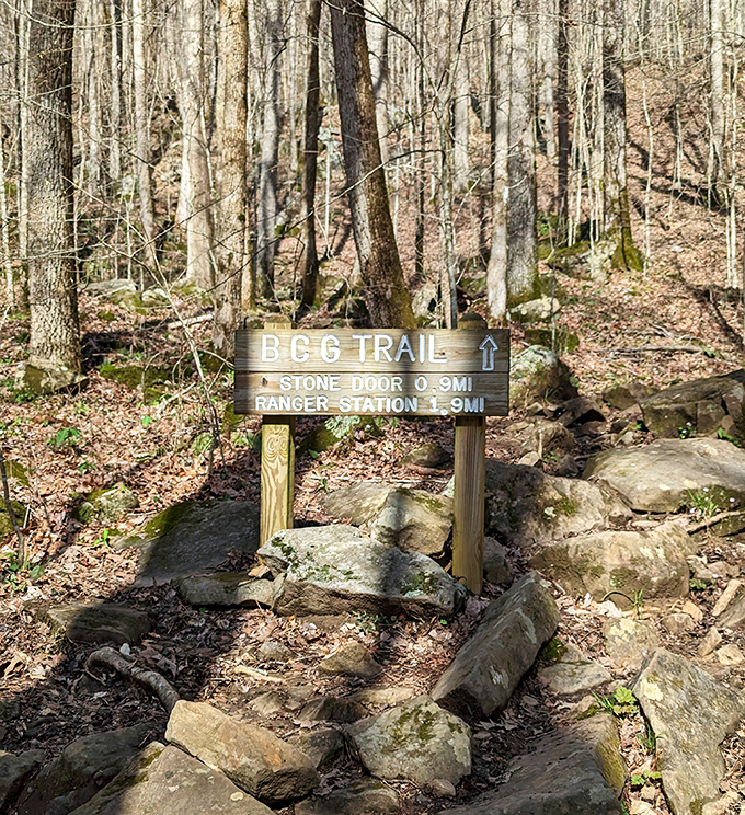 The BCG trail sign: where "0.9 miles" sounds deceptively short until you're huffing uphill with yesterday's burrito weighing you down.