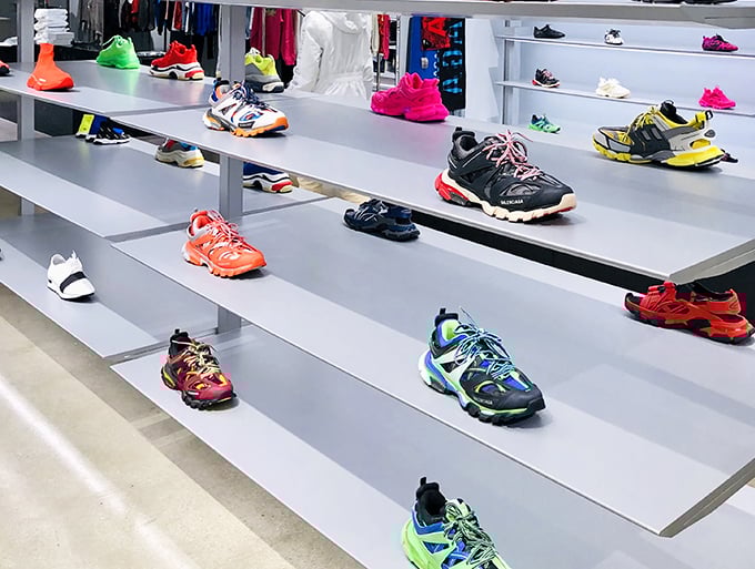 Sneakers have evolved from practical footwear to wearable art. This Balenciaga display looks like a modern museum exhibit you can actually afford.