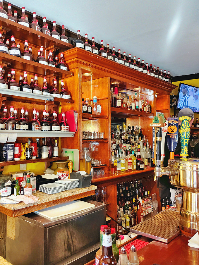 The bar's impressive bottle collection suggests they're prepared for everything from a quiet nightcap to nautical celebrations.