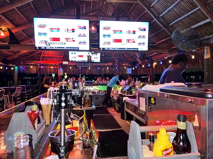 The thatched-roof bar promises tropical concoctions that will have you texting real estate agents about Florida properties.