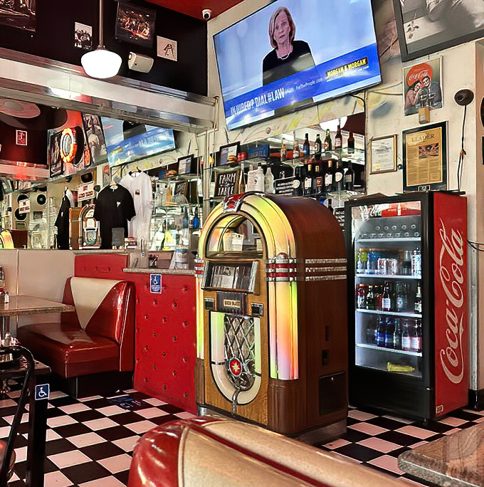 The bar area gleams like a chrome-plated invitation to milkshake heaven and coffee nirvana.