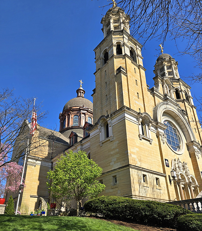The Basilica of St. Mary reaches skyward with twin towers that would make European cathedrals nod in respectful approval.