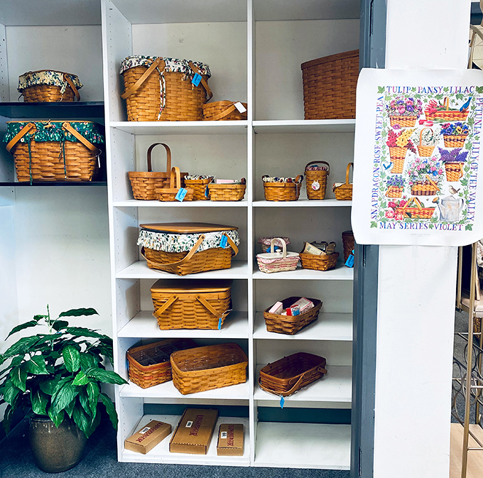 Longaberger basket heaven! Collectors would hyperventilate at this organized display of woven treasures waiting for new homes.