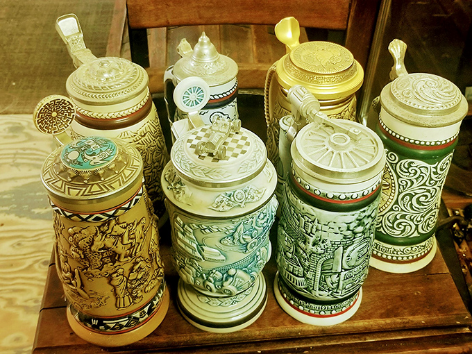 German beer steins with stories to tell. Each one probably witnessed more interesting conversations than most modern dinner parties.