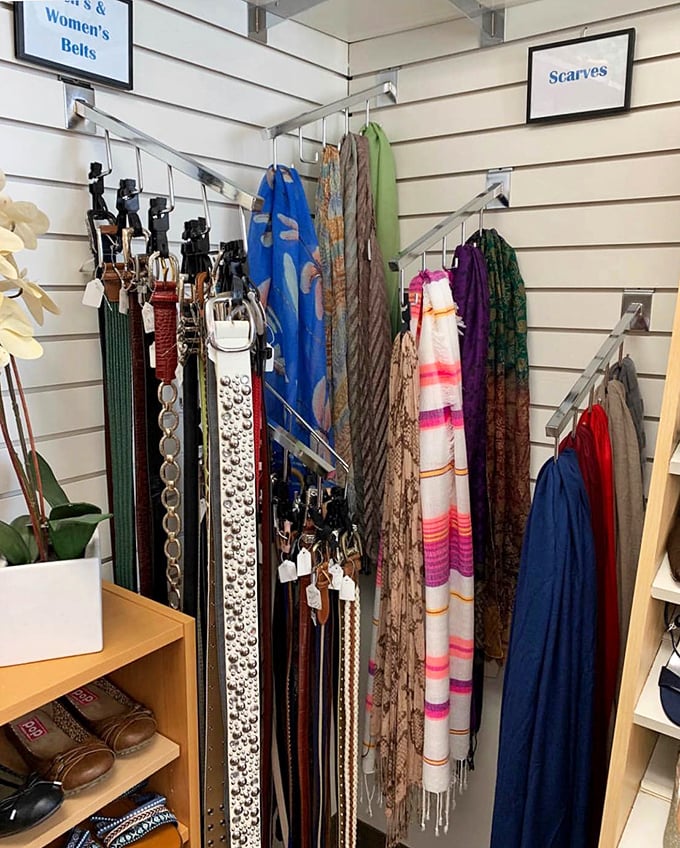 The accessories corner&mdash;where belts and scarves wait to transform basic outfits into fashion statements. That silver belt could turn jeans and a t-shirt into evening wear.