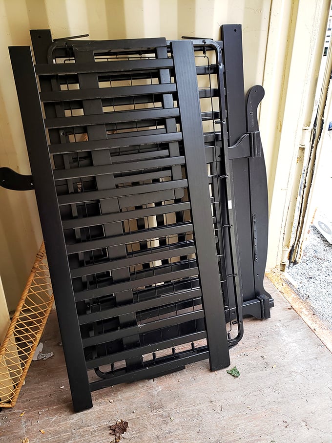 This bed frame has been disassembled but not defeated&mdash;just waiting for someone to give it a new bedroom to call home.