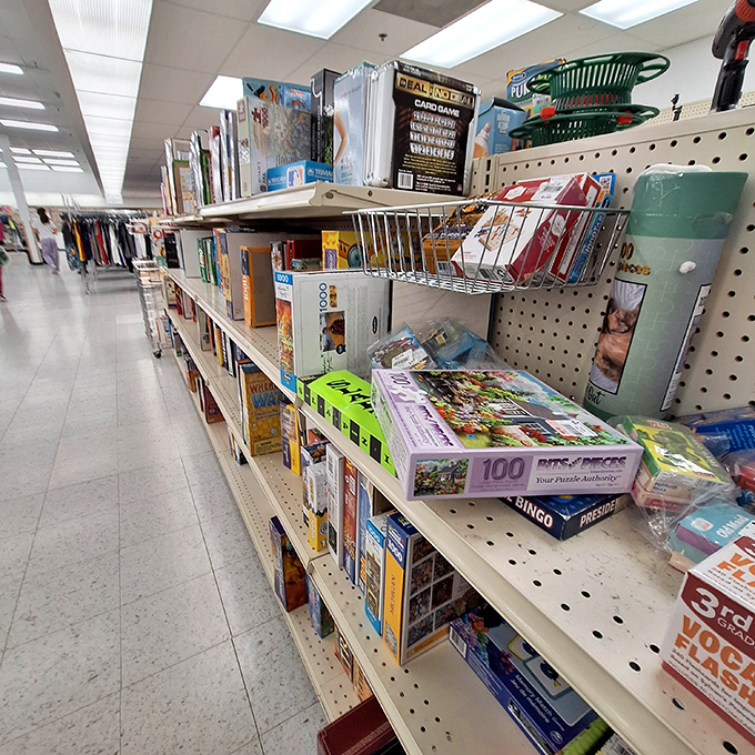 Board games, puzzles, and entertainment options line these shelves, promising screen-free family nights that won't break the budget.