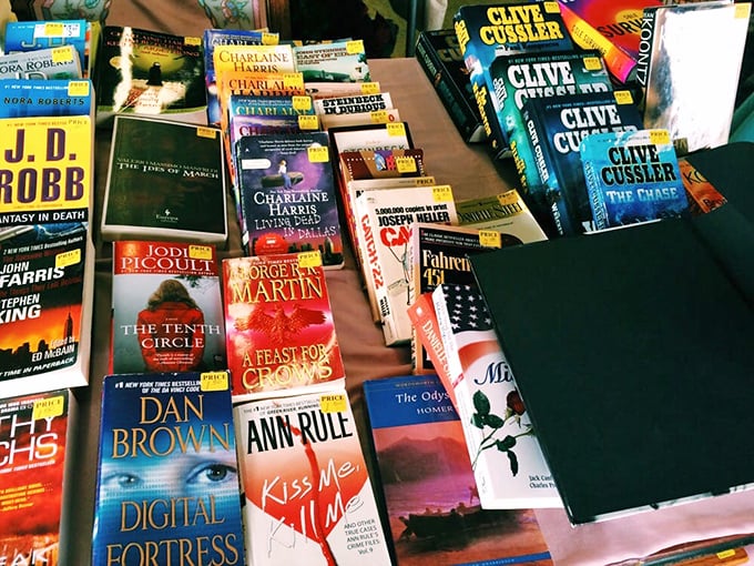 Literary treasures stacked with care. From Clive Cussler to George R.R. Martin, someone else's finished adventure is your next weekend escape.