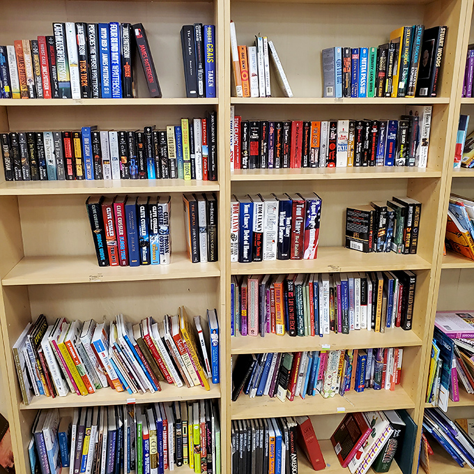 The book section: where Stephen King rubs spines with Julia Child, and literary treasures await for less than a fancy coffee.