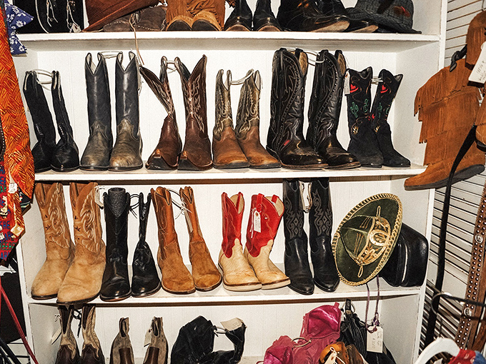 Cowboy boots lined up like a Texas choir, each pair telling a different story. From honky-tonks to cattle drives, these leather legends have seen it all.