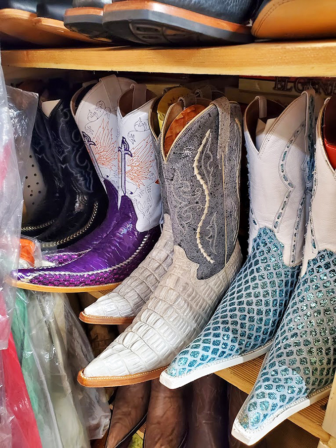 Cowboy couture with exotic flair. These aren't just boots &ndash; they're wearable art pieces telling stories of imagined rodeos and honky-tonk adventures.