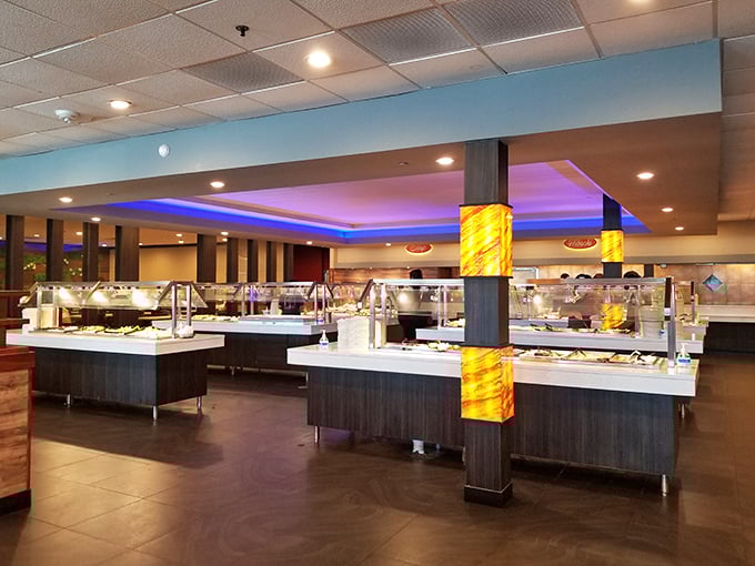 Buffet stations stand at attention like culinary soldiers, ready to serve in the delicious battle against hunger.