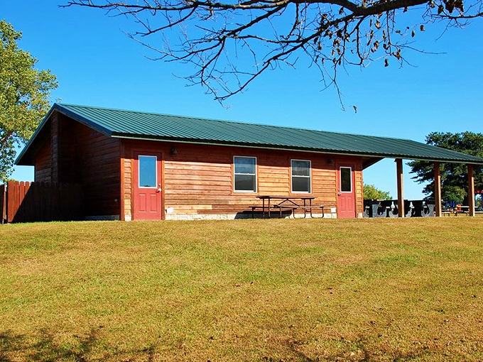 Cozy cabin comfort with a green roof that says "rustic charm" without the rustic plumbing problems.