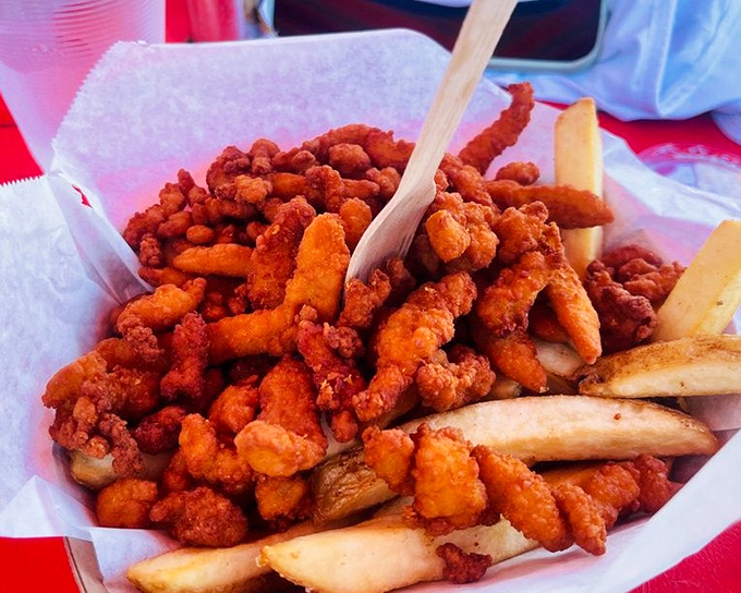 Crispy calamari strips and fries—the kind of finger food that makes you forget you're an adult with table manners. Ocean treasures in golden armor.