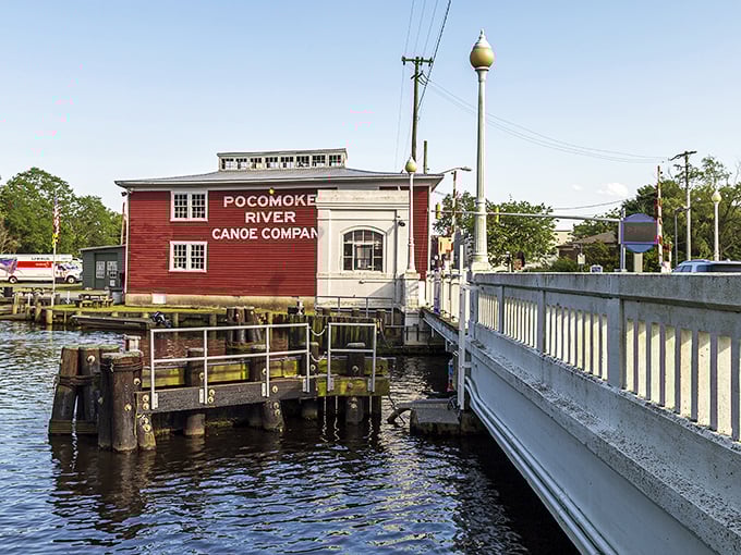 The Pocomoke River Canoe Company's rustic red building stands ready for aquatic adventures. Water-based memories sold here, no experience necessary.