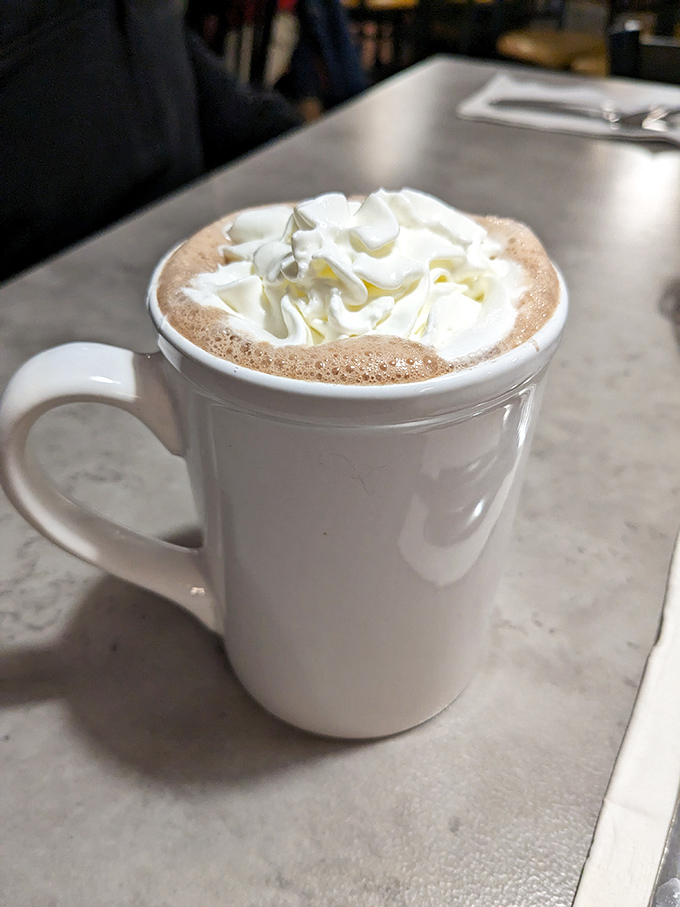A proper cappuccino with a cloud of whipped cream that makes you wonder why anyone would ever rush through their morning coffee.