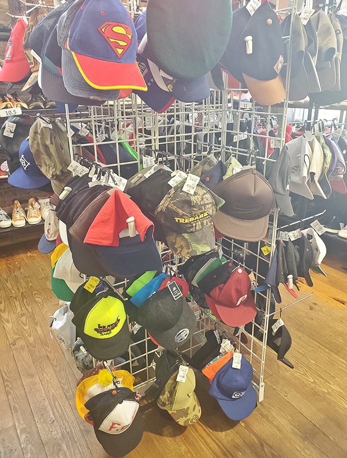 Hat heaven! This display of caps offers everything from superhero logos to vintage sports teams&mdash;headwear with history and personality.