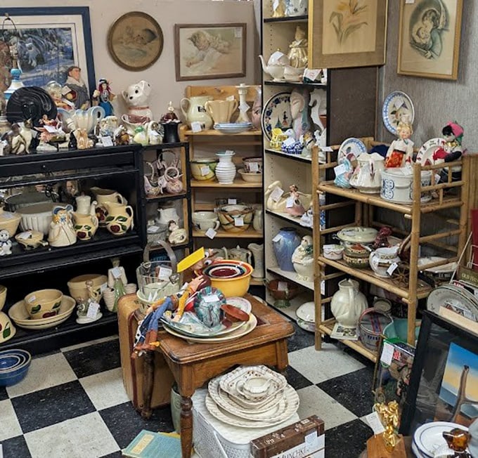 A ceramic collector's fever dream. That checkered floor has witnessed countless visitors whispering, "I had this exact sugar bowl growing up!"