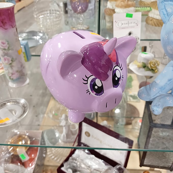 A whimsical unicorn piggy bank stands ready to help its next owner save for something special &ndash; perhaps more thrift store adventures.