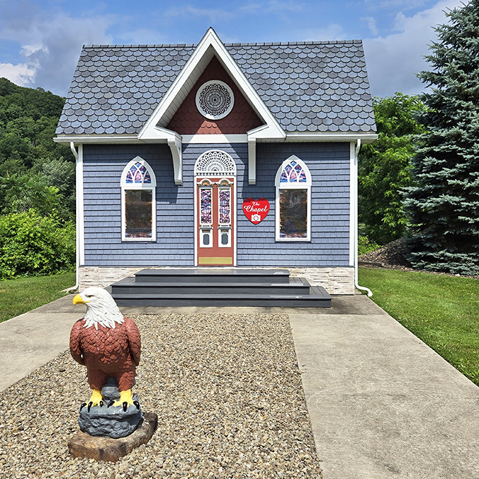 This charming chapel, complete with guardian eagle, proves that Tionesta's lighthouse island is full of architectural surprises around every corner.